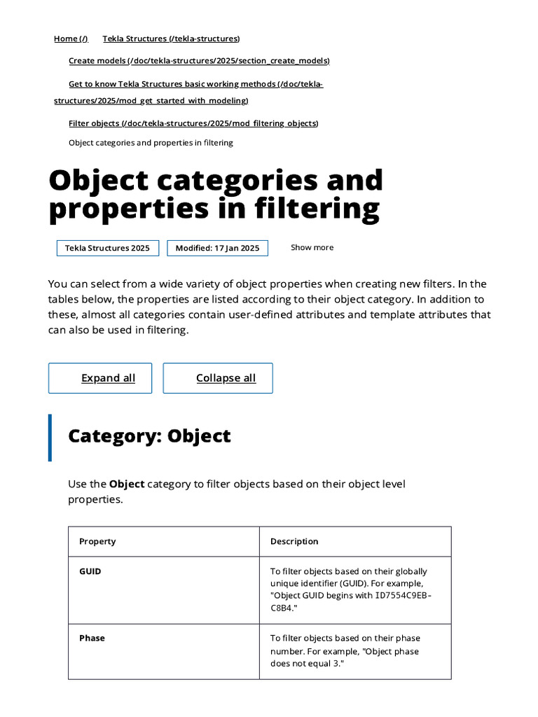 Object Categories and Properties in Filtering - Tekla User Assistance | PDF | Welding | Construction