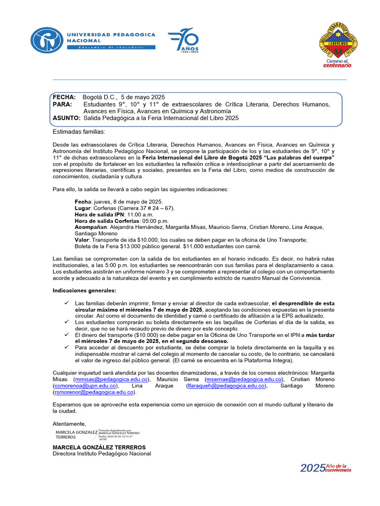 Circular #53 05052025 Salida Pedagogica A La Feria Internacional Del Libro 2025 | PDF