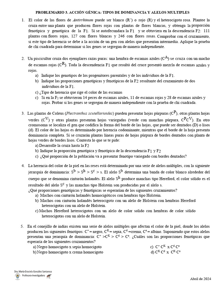 Problemario 3. Tipos de Dominancia y Alelos Multiples-2025 | PDF | Dominancia (Genética) | Alelo