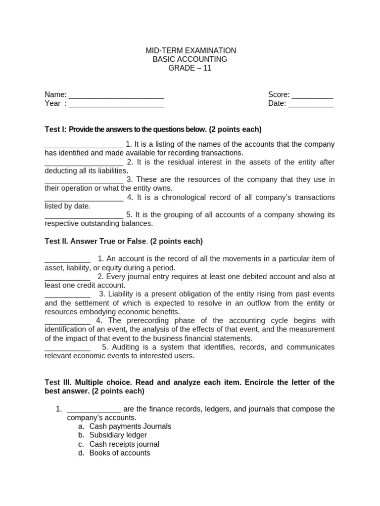 Grade 11 Basic Accounting Mid-Term Exam | PDF | Debits And Credits ...