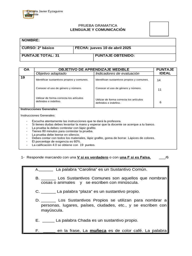 PRUEBA DE GRAMATICA 2° BASICO ABRIL. | PDF | Lápiz | Lingüística