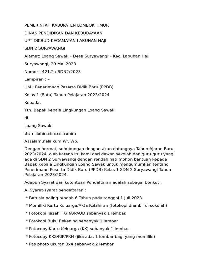 PPDB Kelas 1 SDN 2 Suryawangi 2023 | PDF