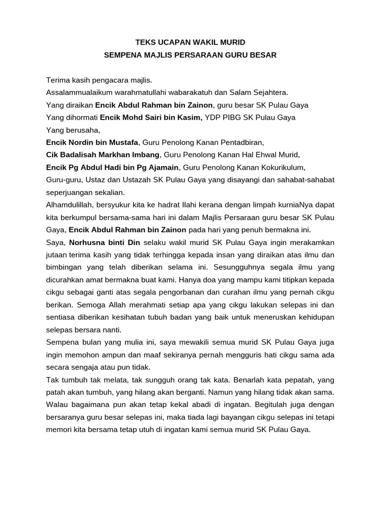 Teks Ucapan Murid Persaraan GB | PDF