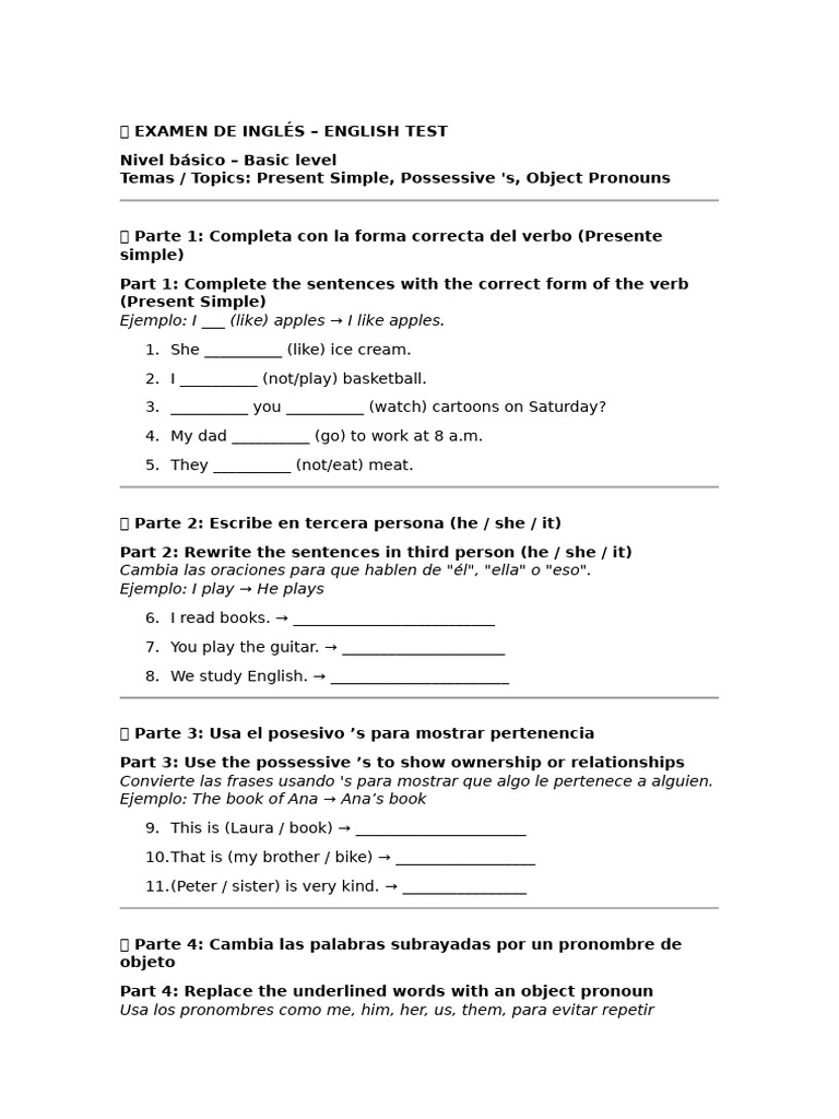 Basic English Test: Present Simple Skills | PDF | Syntax | Language ...