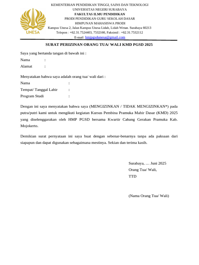 Template Surat Perizinan Orang Tua - Wali KMD 2025 | PDF