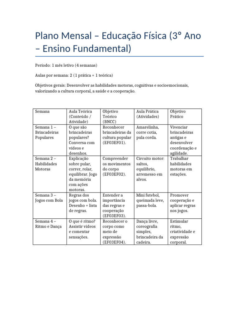 Plano Mensal de Educação Física 3º Ano | PDF
