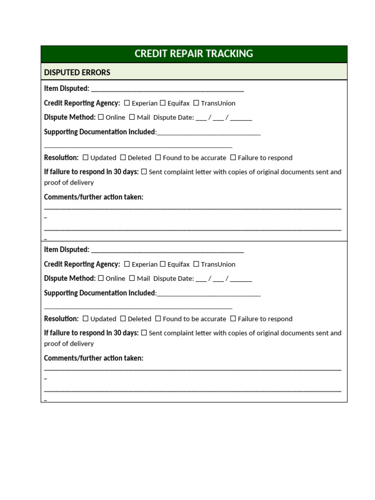 CW File Credit Repair Tracking Worksheet | PDF