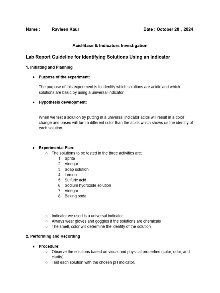 Lab Report - Acids and Bases | PDF | Sodium Bicarbonate | Acid