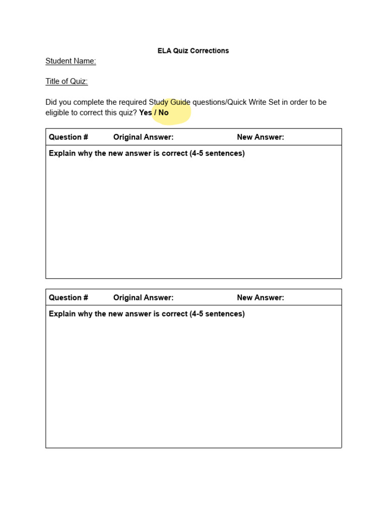 ELA Quiz Correction Sheet | PDF