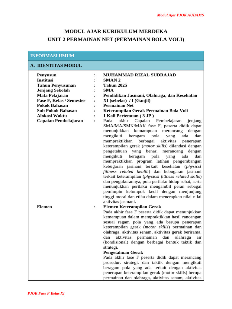 Modul Ajar Unit 2 Das - Permainan Bola Voli - Muhammad Rizal Sudrajad | PDF