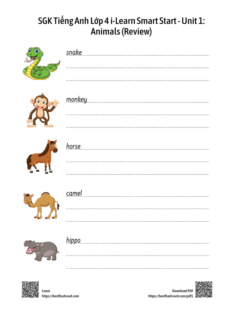 Tập Viết - SGK Tiếng Anh Lớp 4 I-Learn Smart Start - Unit 1 - Animals (Review) | PDF