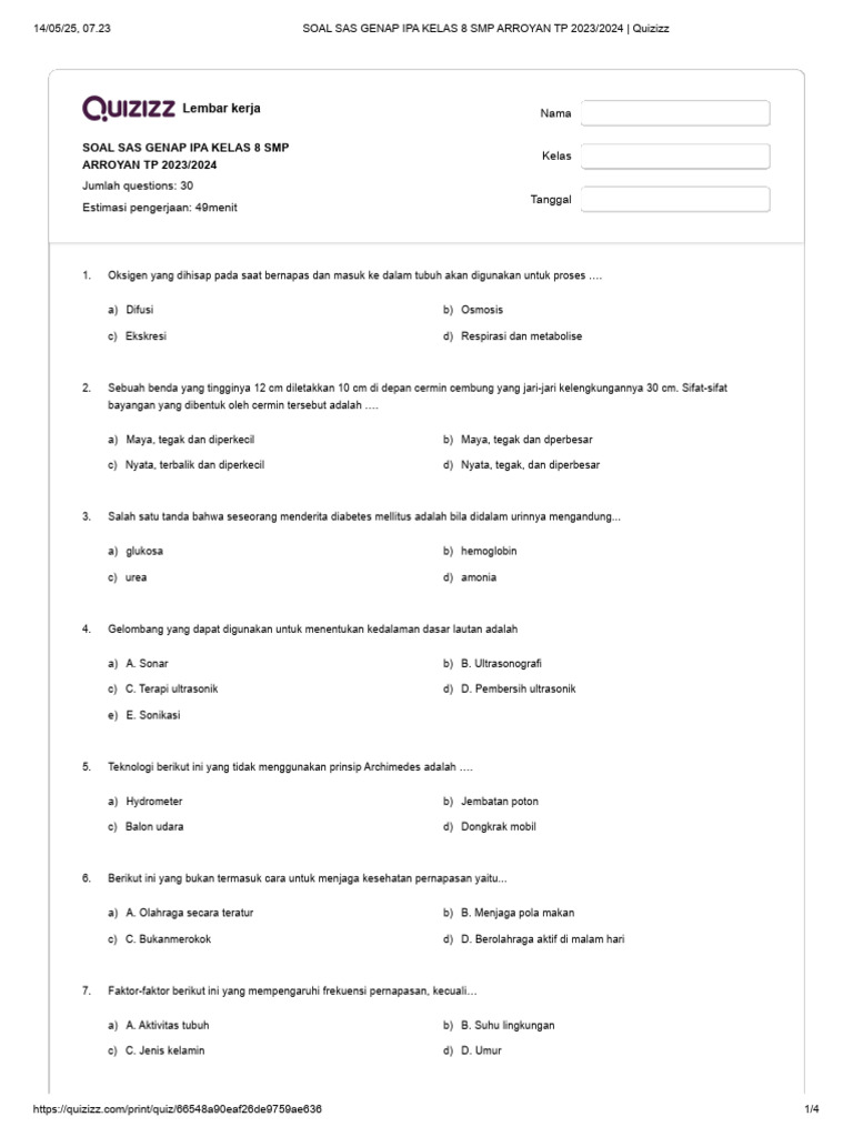 SOAL SAS GENAP IPA KELAS 8 SMP ARROYAN TP 2023 - 2024 - Quizizz | PDF