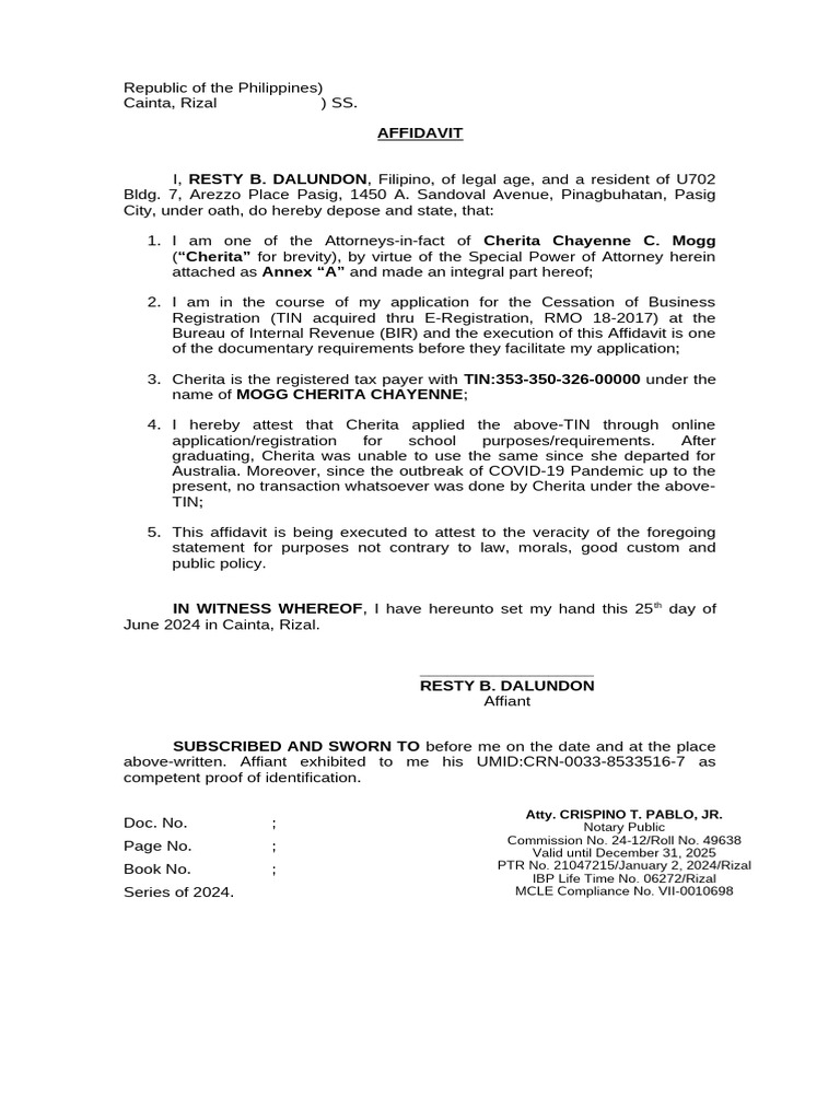Affidavit-Bir-Resty B. Dalundon (2024) | PDF | Affidavit | Legal Procedure