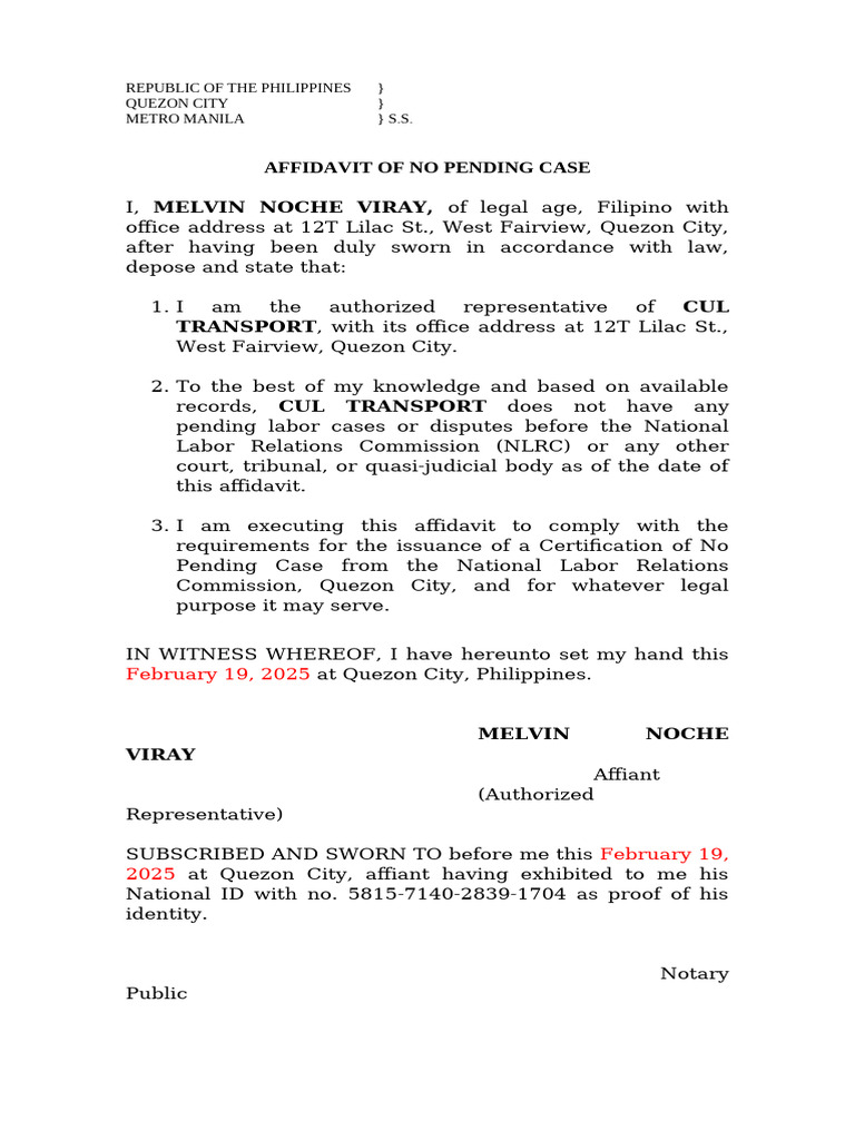 Affidavit of No Pending Case | PDF