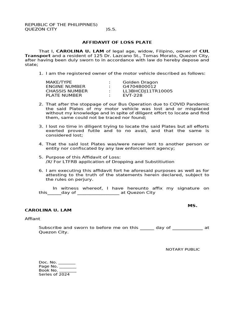 Affidavit of Loss for Vehicle Plate EVT-228 | PDF