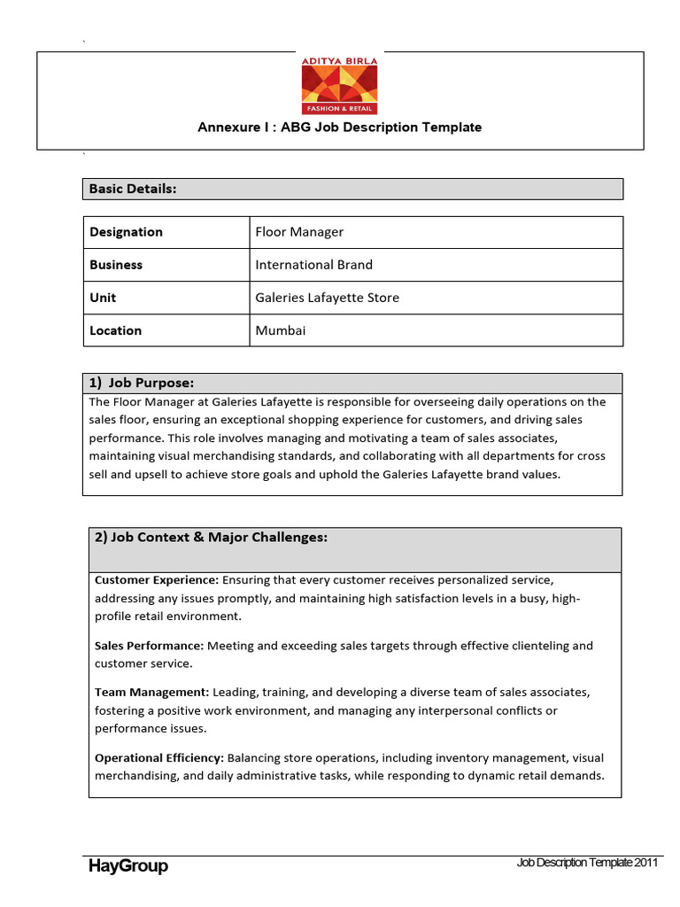 Floor Manager Job Description Template | PDF | Sales | Regulatory ...