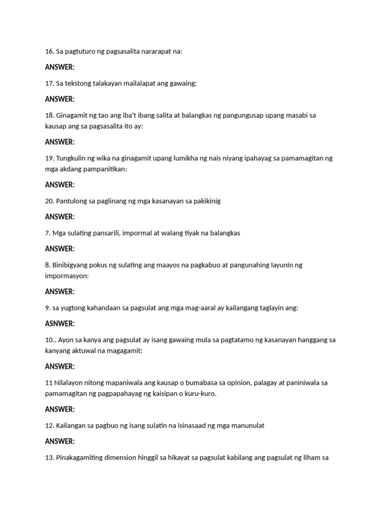 Filipino Questions Hanapi Nala Answer Plsssss | PDF