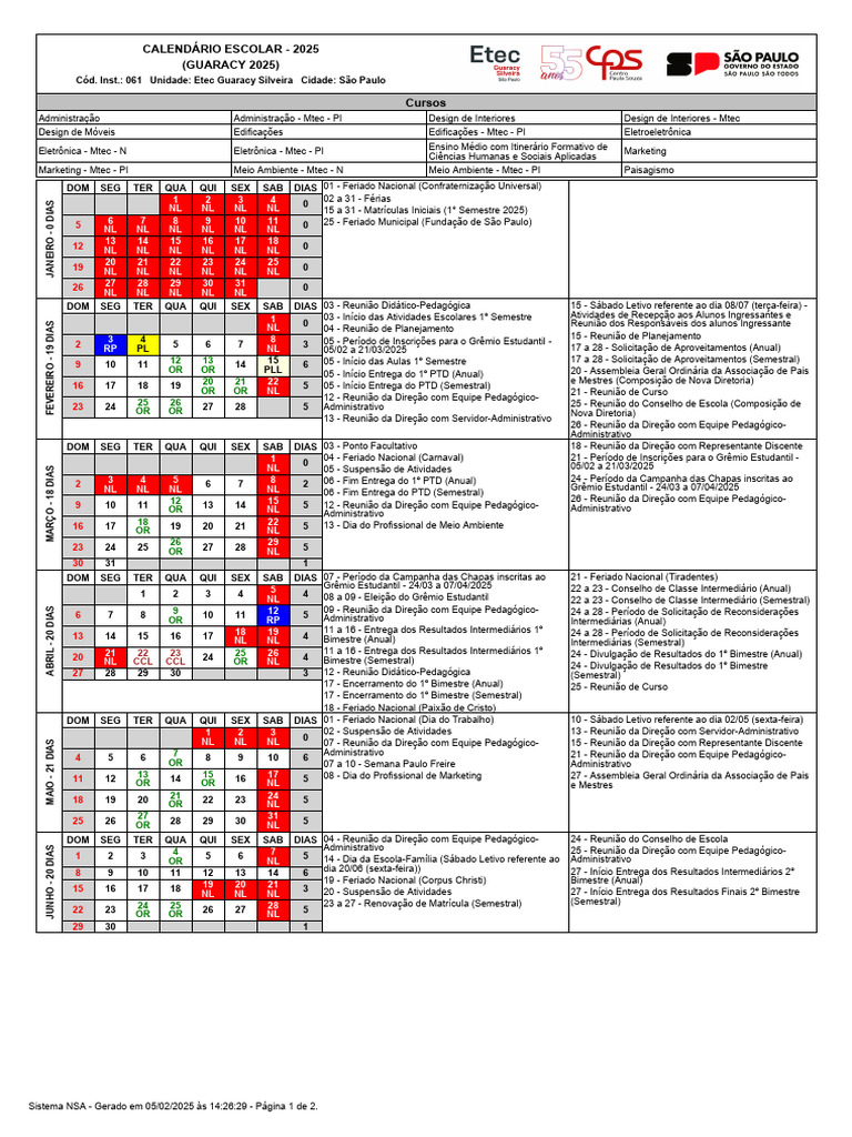 Calendário 2025 - Etec Guaracy Silveira | PDF