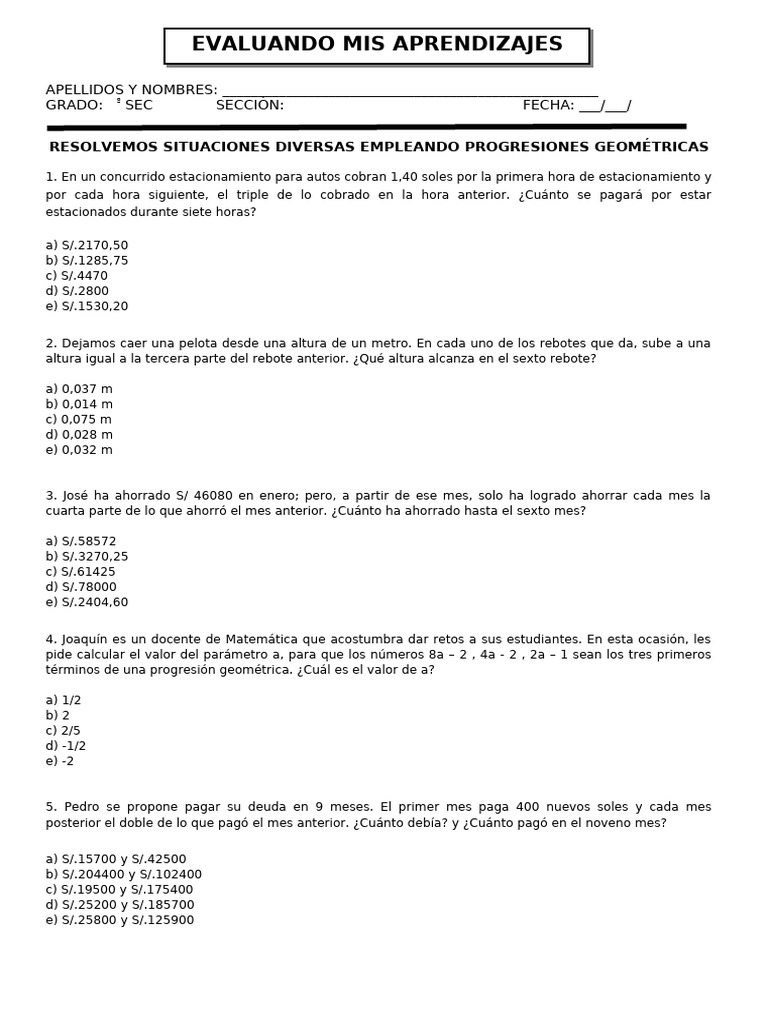 1° Tarea 4º Grado-Semana 5 - Progresiones Geometricas | PDF