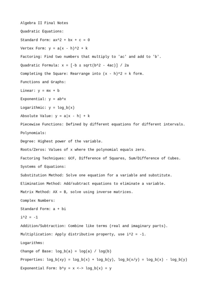 Algebra II Final Notes | PDF