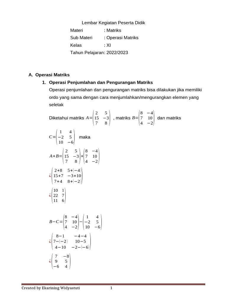 Operasi Matriks untuk Kelas XI | PDF