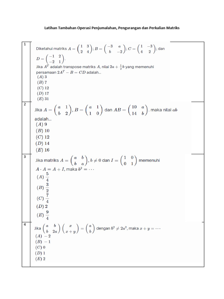 Latihan Tambahan Operasi Matriks | PDF