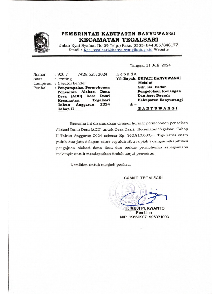 Surat Permohonan Pencairan ADD 2024 Tahap 2 Desa Dasri - Kecamatan Tegalsari | PDF