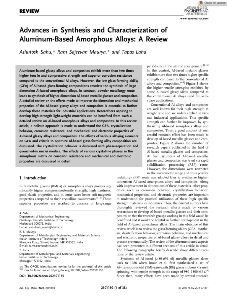 Advances in Synthesis and Characterization of Aluminum Based Amorphous ...