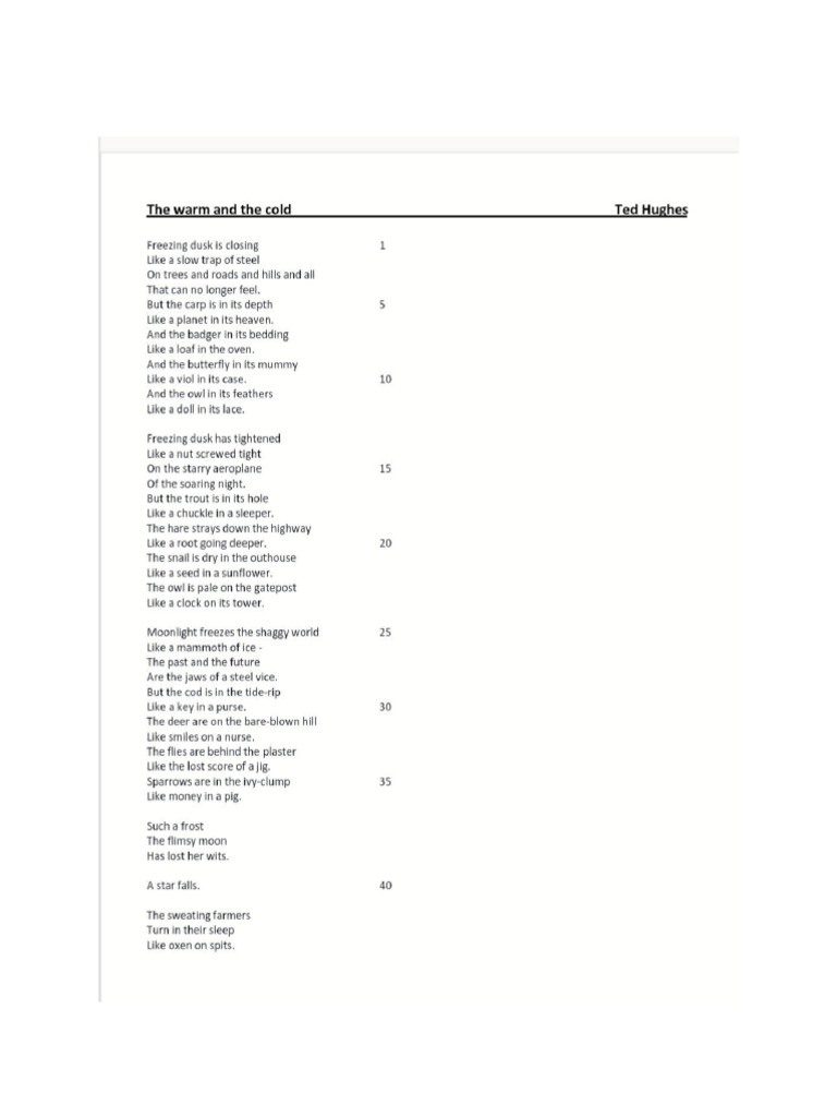 The Warm and The Cold Ted Huges Answers | PDF