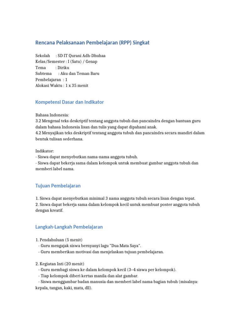 RPP Kelas 1 Tema Diriku | PDF