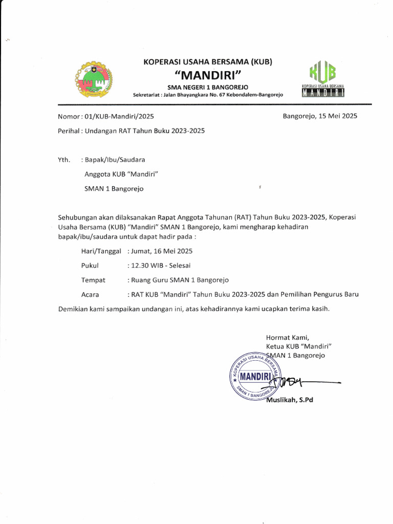 Undangan RAT KUB Mandiri 2023-2025 | PDF