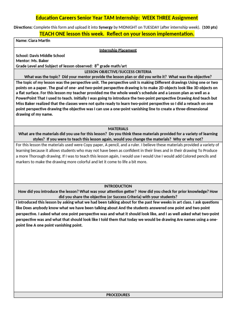 Week THREE Internship Assignment (TEACH) | PDF | Lesson Plan | Drawing