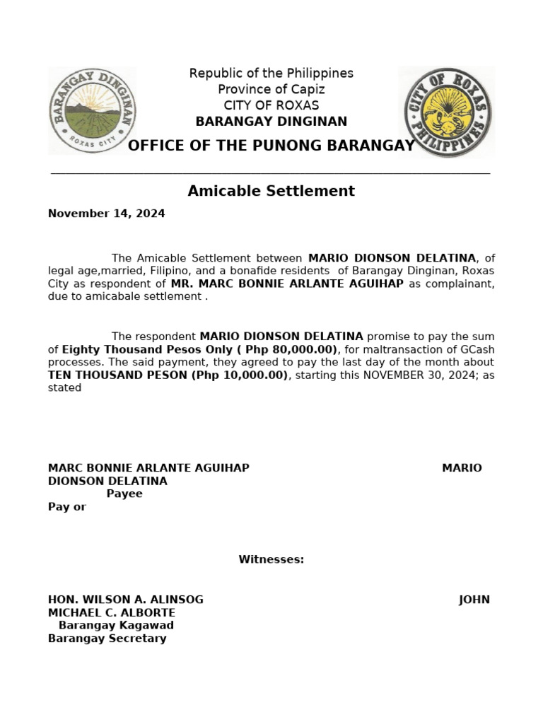 Amicable Settlement Delatina & Aguihap | PDF