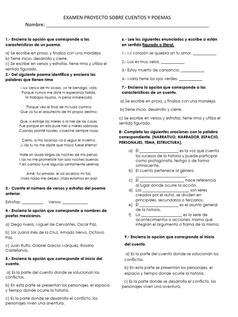 Examen Cuarto Proyecto Cuentos y Poemas | PDF