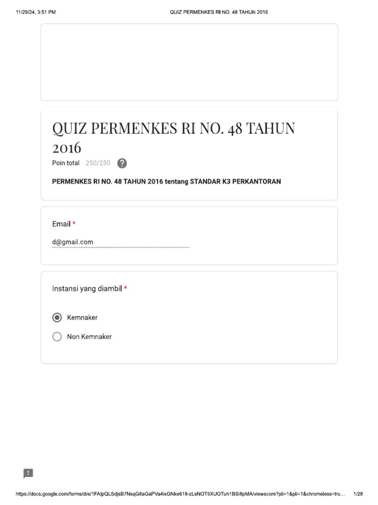 Kunci Jawaban - Quiz Permenkes Ri No. 48 Tahun 2016 | PDF