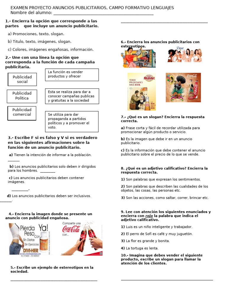 Examen sobre Anuncios Publicitarios | PDF | Publicidad | Comunicación ...