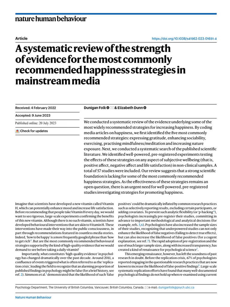 A Systematic Review of The Strength of Evidence For The Most Commonly Recommended Happiness ...