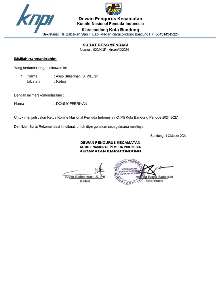 Surat Rekomendasi Miqdam | PDF