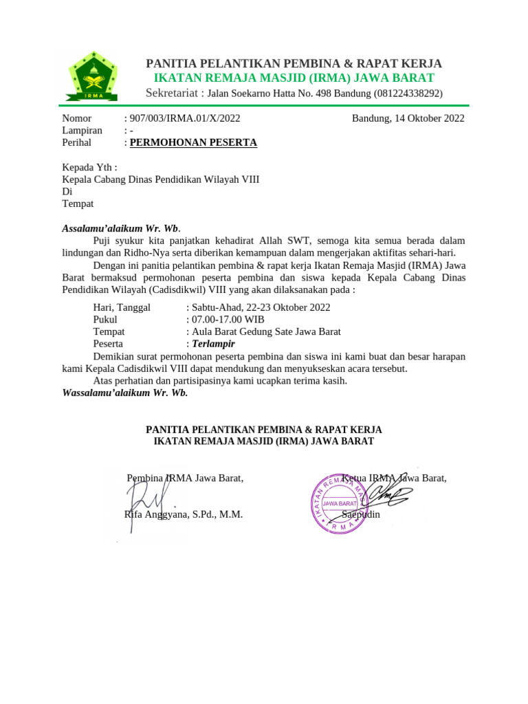 907 Permohonan Peserta Pelantikan dan Rapat Kerja IRMA | PDF