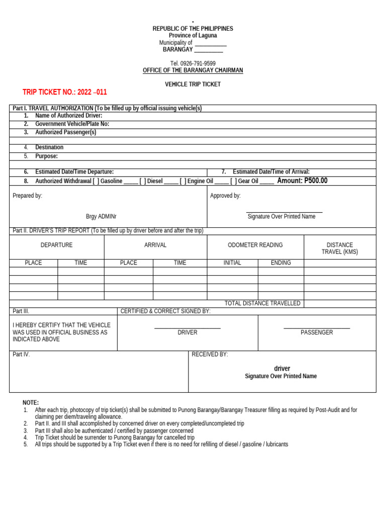 Blank Trip Ticket Sample | PDF | Petroleum | Transport