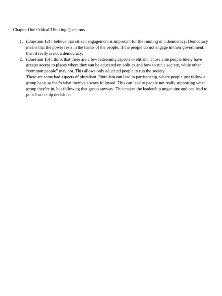 Chapter One Critical Thinking Questions | PDF
