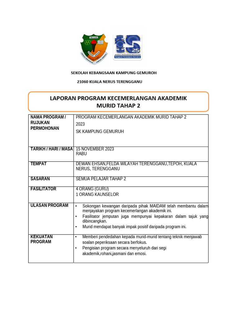 LAPORAN Maidam Program Kecemerlangan Akademik Murid Tahap 2 2023 | PDF