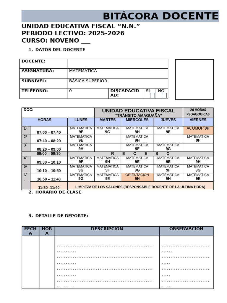 Bitácora Docente Matemáticas 2025-2026 | PDF