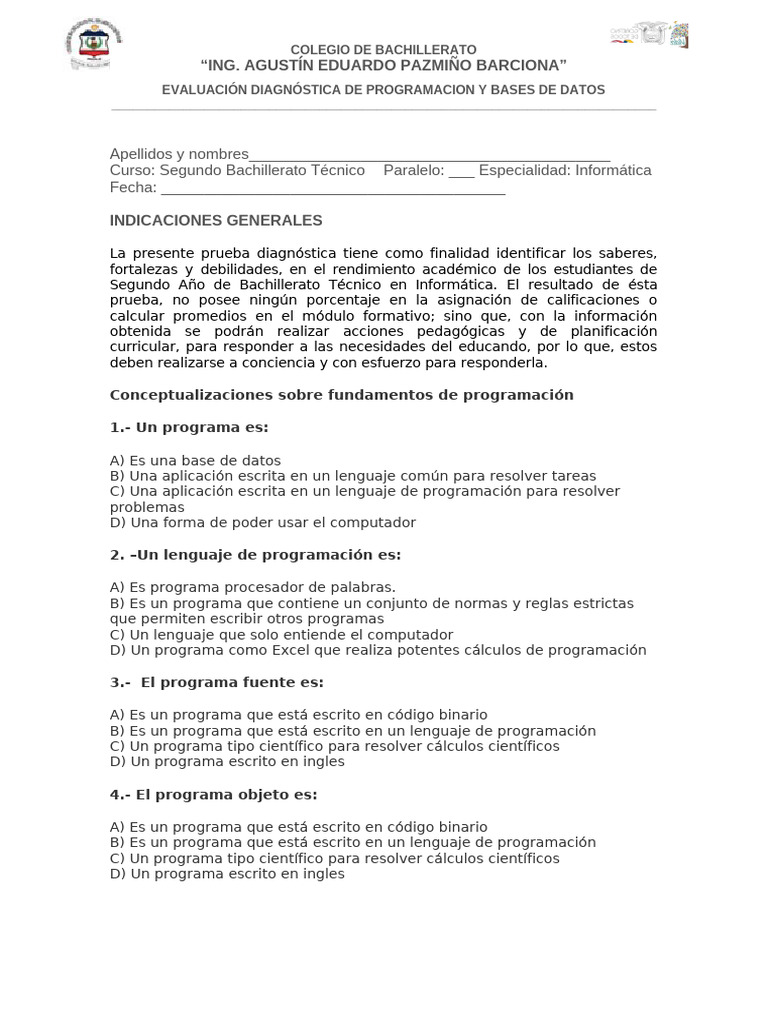 Evaluacion Diagnostica Programacion Segundo Tecnico | PDF | Programa de computadora | Programación