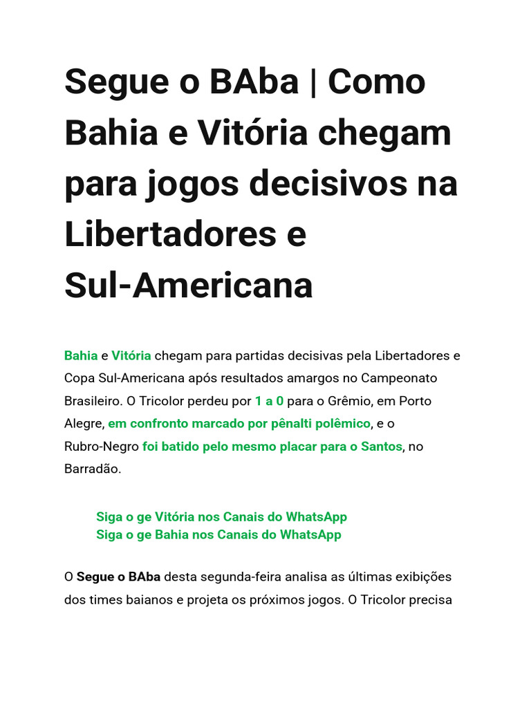 Segue o BAba _ Como Bahia e Vitória chegam para jogos decisivos na ...