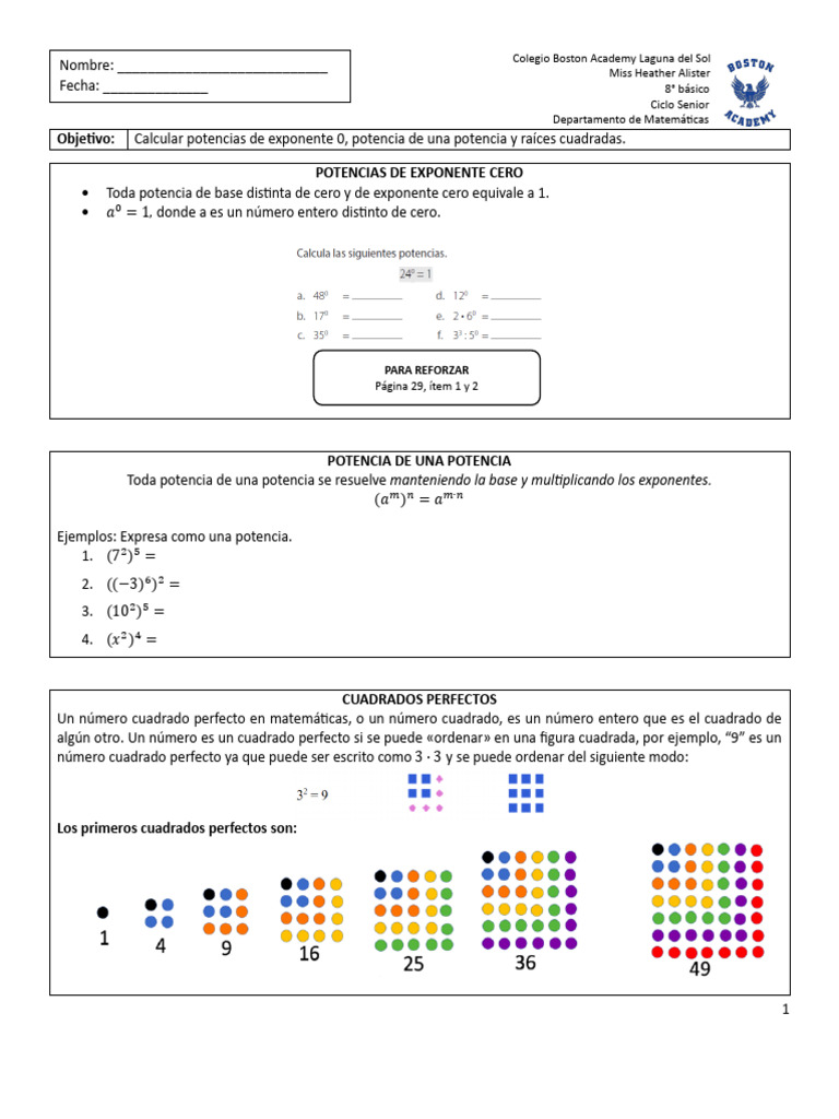 8° - Potencias de una potencia, exponente cero y raíces cuadradas | PDF ...