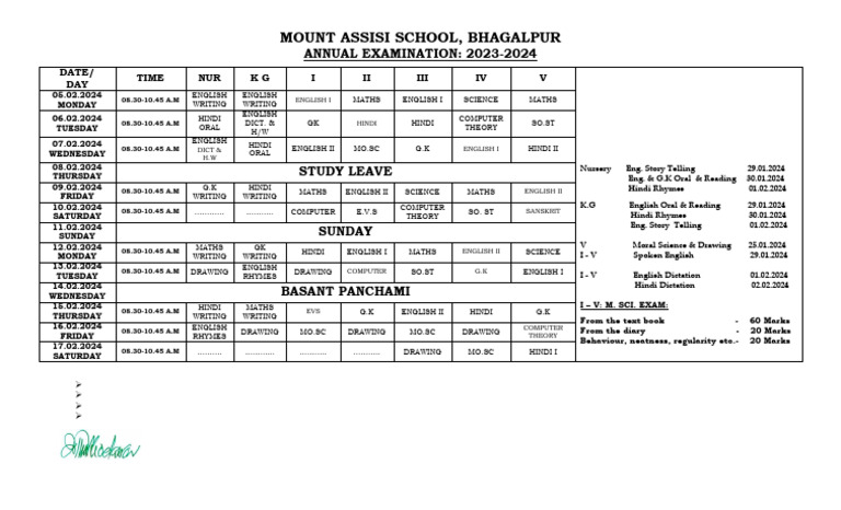 Mount Assisi School Exam Schedule 2024 | PDF