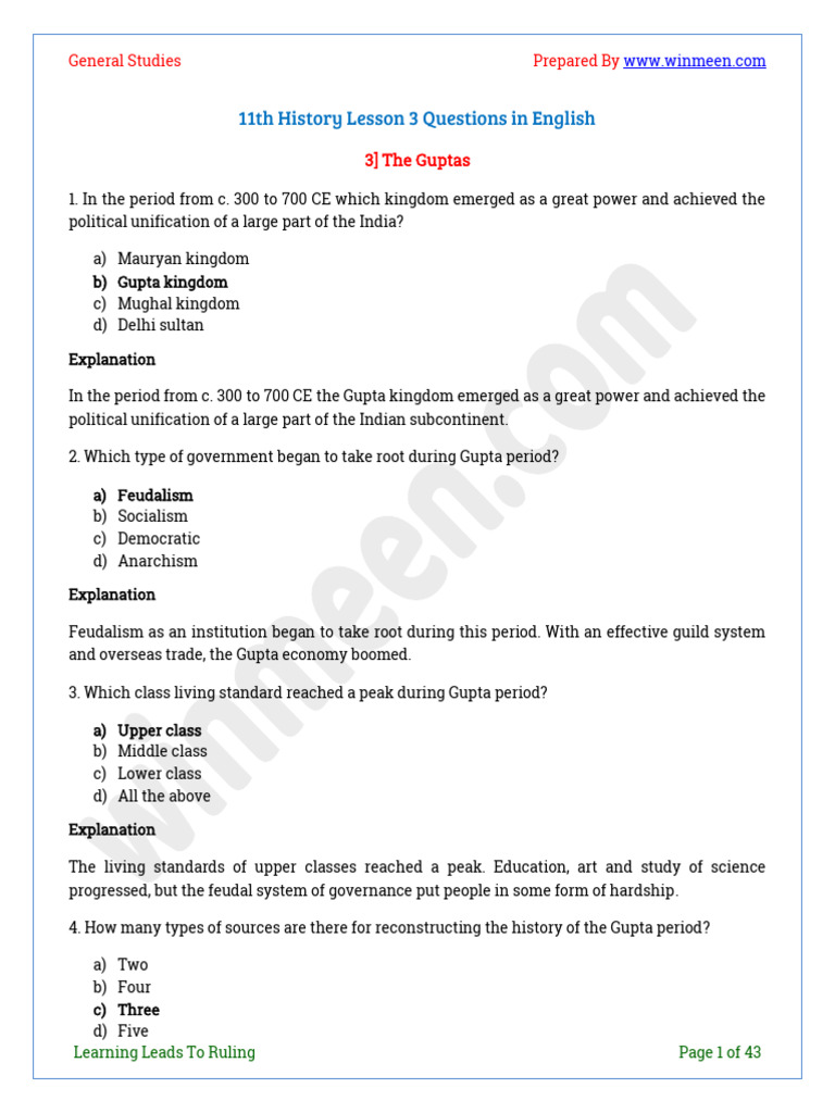 11th History Lesson 3 Questions in English | PDF
