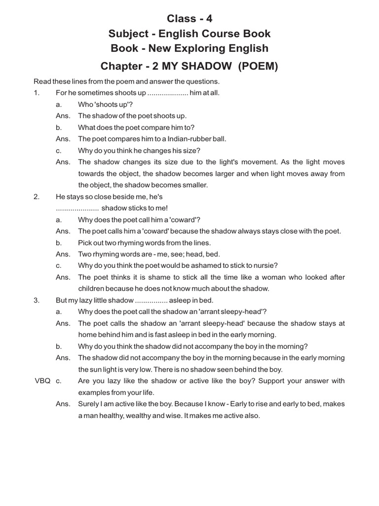 My Shadow Poem Analysis for Class 4 | PDF