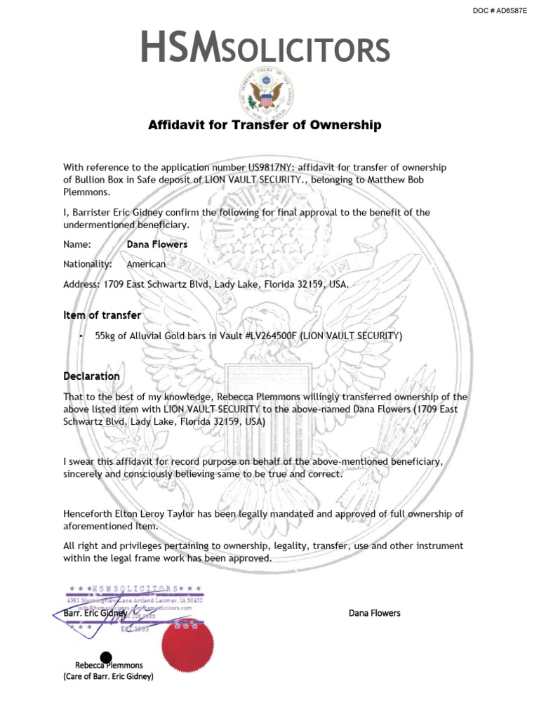 Affidavit for Gold Ownership Transfer | PDF